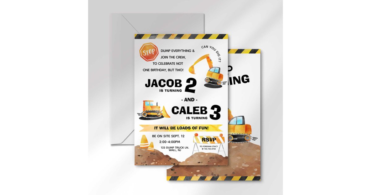 Construction Birthday Sibling Invitation Any Ages | Zazzle