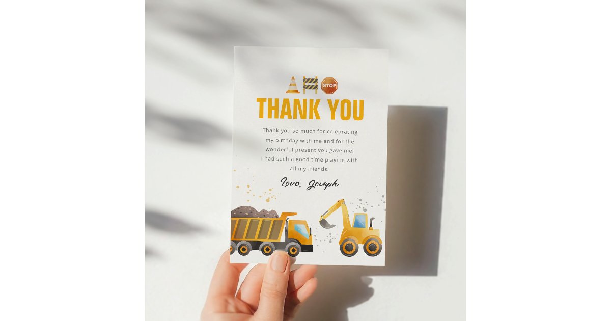 Construction Birthday Thank You Card | Zazzle