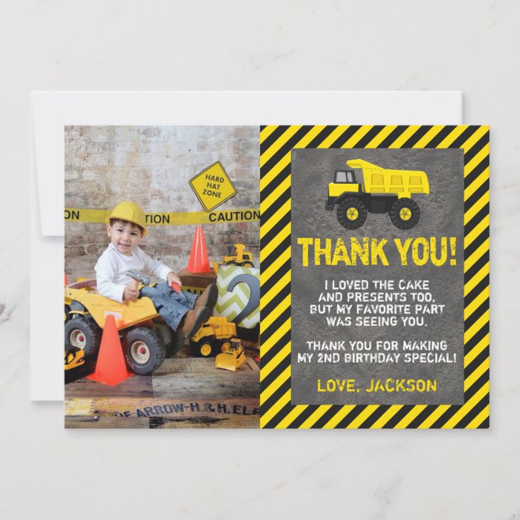 Construction Birthday Thank You Card with Photo | Zazzle