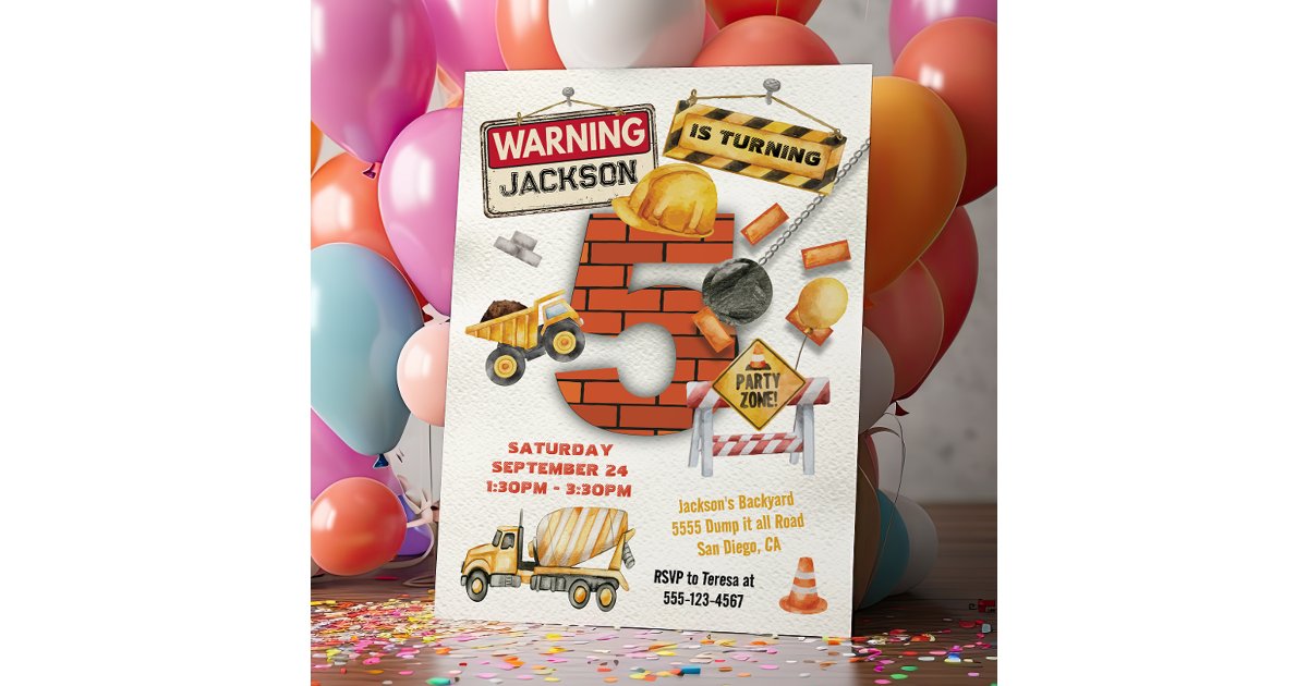 Construction Birthday Turning Five Wrecking Ball Invitation | Zazzle