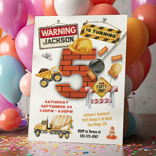 Construction Birthday Turning Five Wrecking Ball Invitation | Zazzle