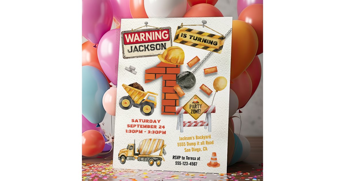 Construction Birthday Turning One Wrecking Ball Invitation | Zazzle