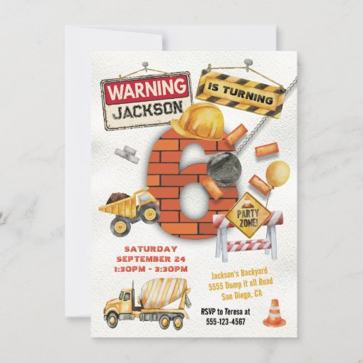 Construction Birthday Turning six Wrecking Ball Invitation | Zazzle