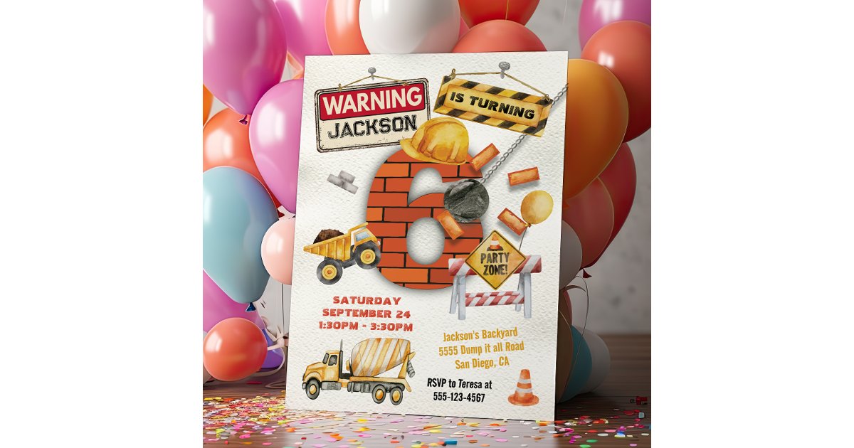 Construction Birthday Turning six Wrecking Ball Invitation | Zazzle