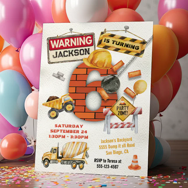 Construction Birthday Turning six Wrecking Ball Invitation | Zazzle