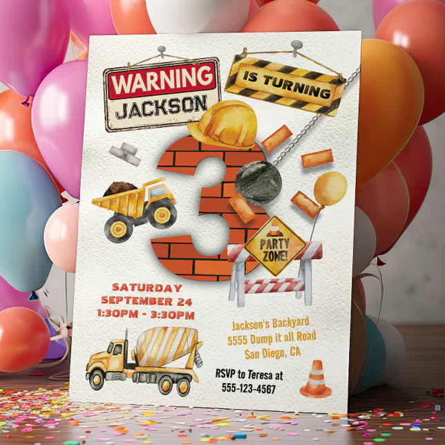 Construction Birthday Turning Three Wrecking Ball Invitation | Zazzle