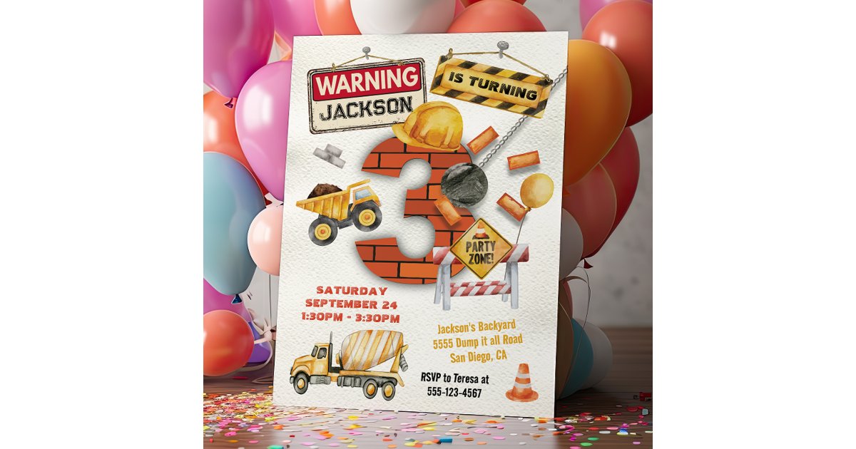 Construction Birthday Turning Three Wrecking Ball Invitation | Zazzle