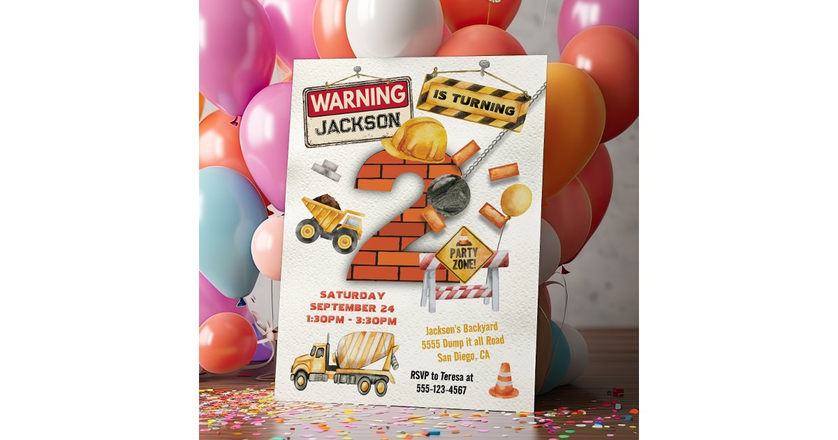 Construction Birthday Turning Two Wrecking Ball Invitation | Zazzle