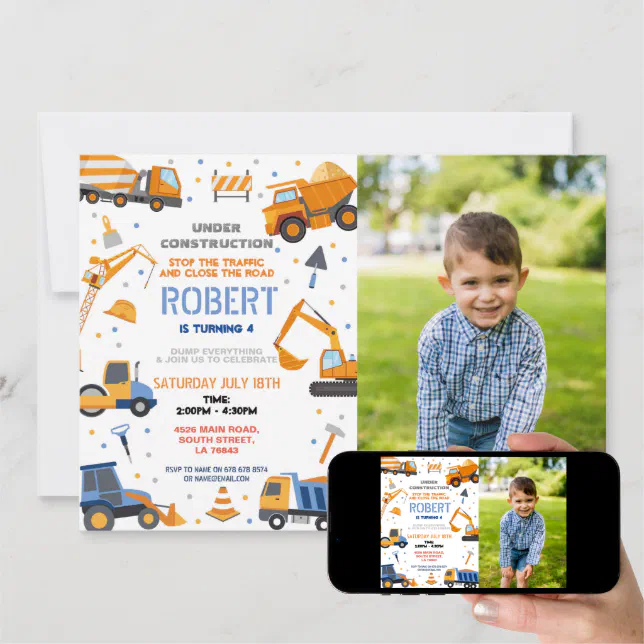 Construction Builder Digger Truck Birthday Party Invitation | Zazzle