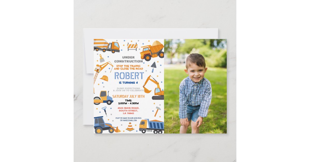 Construction Builder Digger Truck Birthday Party Invitation | Zazzle