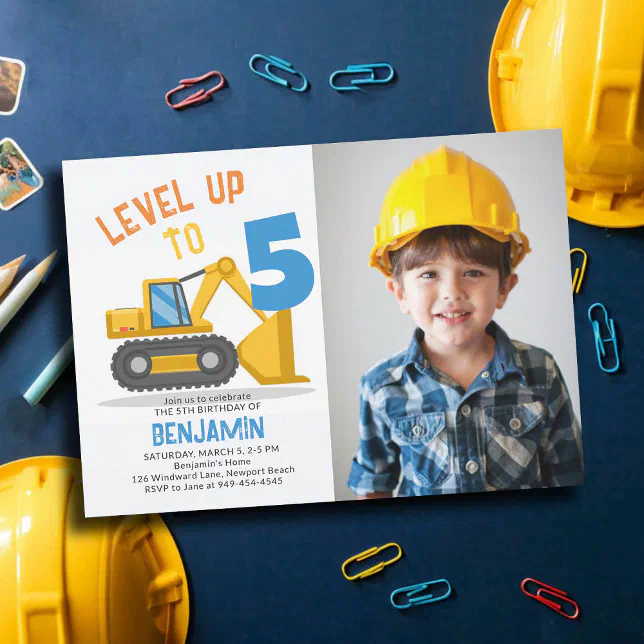 Construction Bulldozer Cute Photo Boy 5th Birthday Invitation | Zazzle