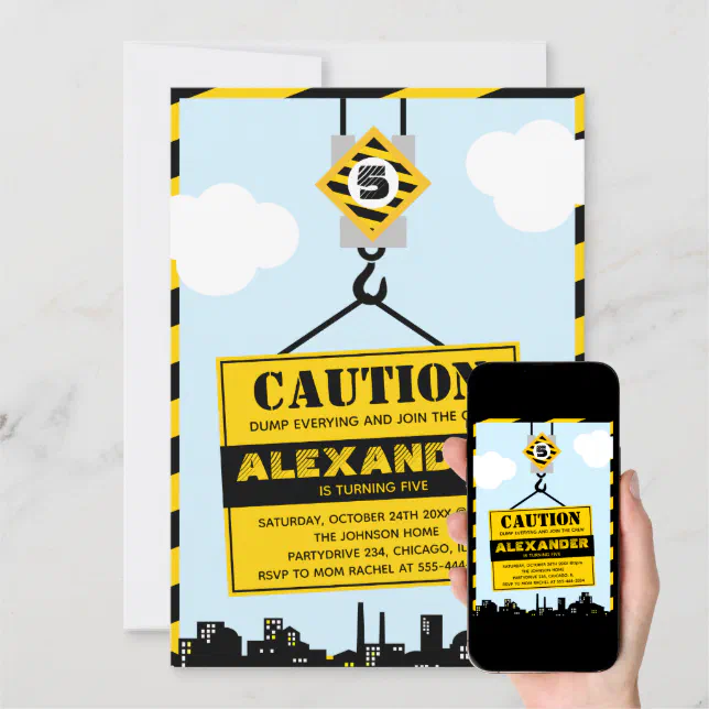 Construction Caution Sign Boy Birthday Party Invitation | Zazzle