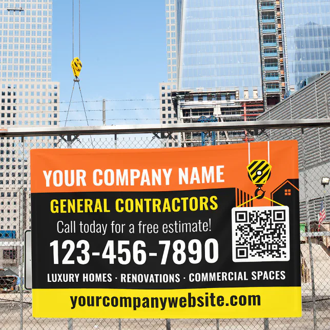 Construction Company QR Code Orange Promotional Banner | Zazzle