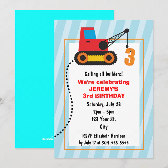 Construction Crane 3rd Birthday Invitation | Zazzle