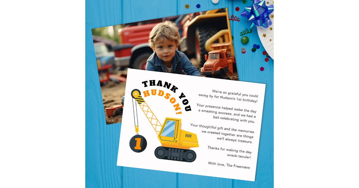 Construction Crane Birthday Thank You Card | Zazzle