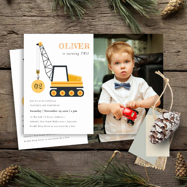 Construction Crane Vehicle Photo Birthday Invite | Zazzle