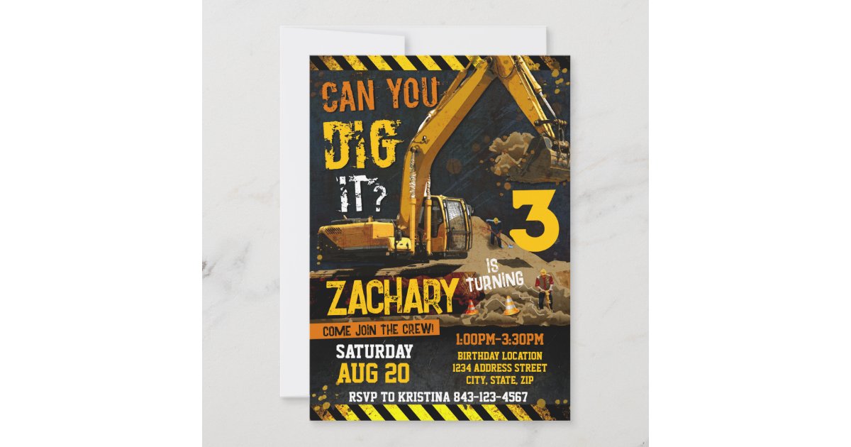 Construction Digger Birthday Invitation Template | Zazzle