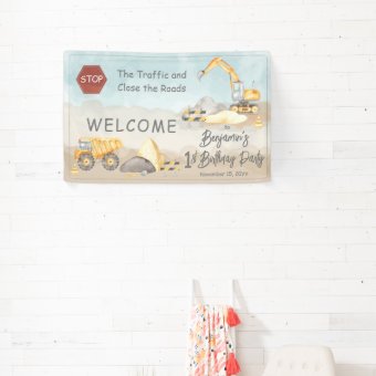 Construction Dump Truck Boy's 1st Birthday Party Banner | Zazzle