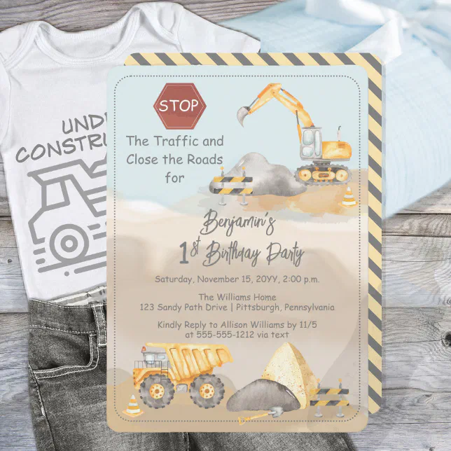 Construction Dump Truck Boy's 1st Birthday Party Invitation | Zazzle