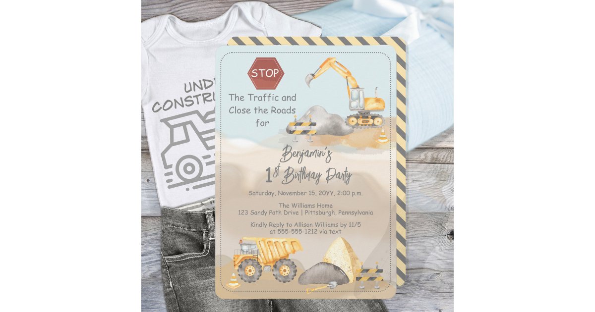 Construction Dump Truck Boy's 1st Birthday Party Invitation | Zazzle
