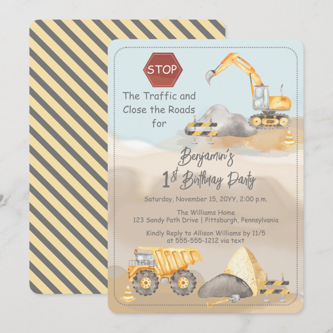 Construction Dump Truck Boy's 1st Birthday Party Invitation | Zazzle