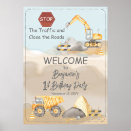 Construction Dump Truck Boy's 1st Birthday Party Poster | Zazzle