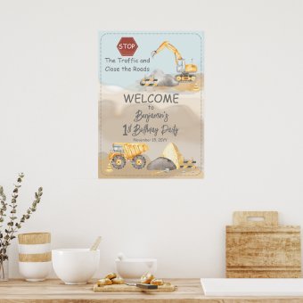 Construction Dump Truck Boy's 1st Birthday Party Poster | Zazzle