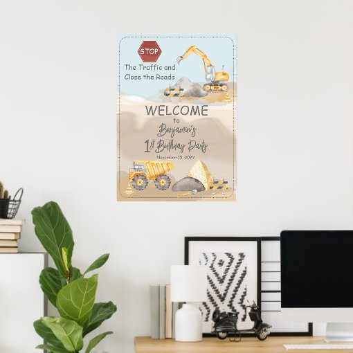 Construction Dump Truck Boy's 1st Birthday Party Poster | Zazzle