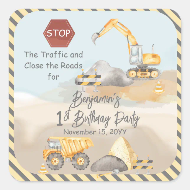 Construction Dump Truck Boy's 1st Birthday Party Square Sticker | Zazzle