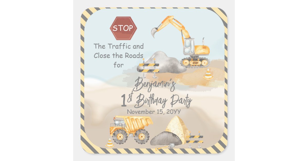 Construction Dump Truck Boy's 1st Birthday Party Square Sticker | Zazzle