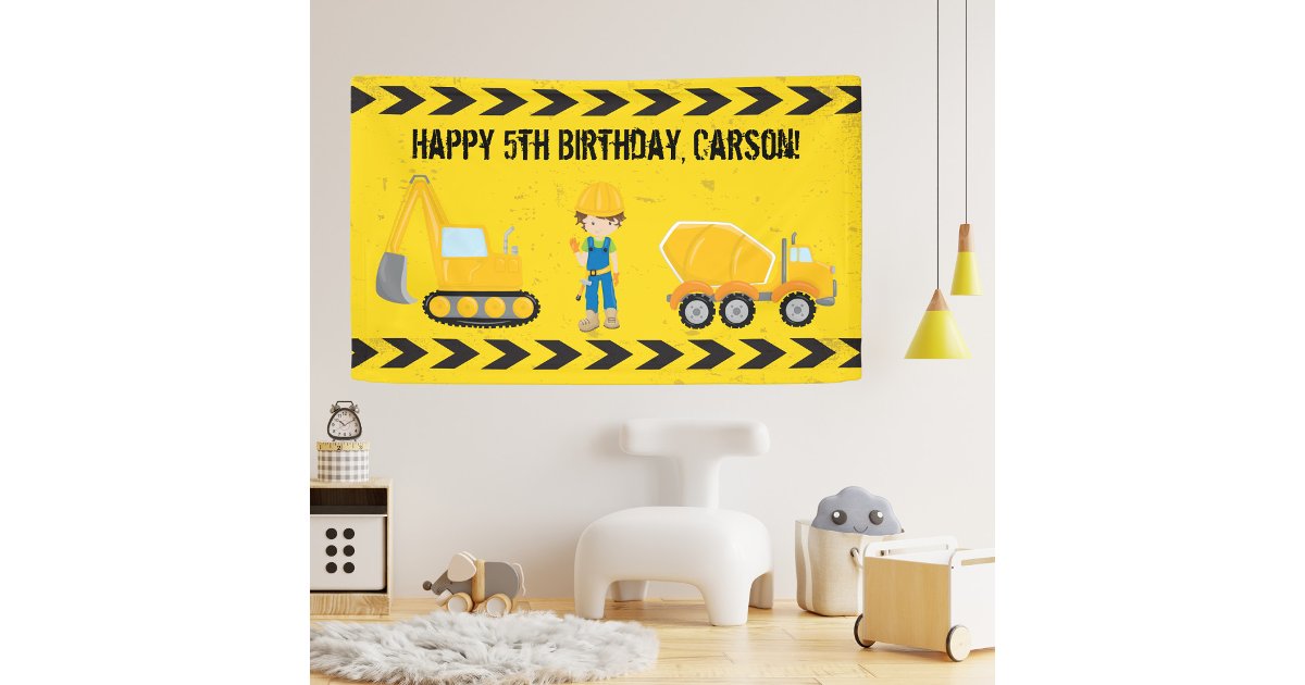 Construction Excavator Custom Kids Happy Birthday Banner | Zazzle