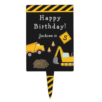 Construction Happy Birthday with Name and Age Boy Cake Topper | Zazzle