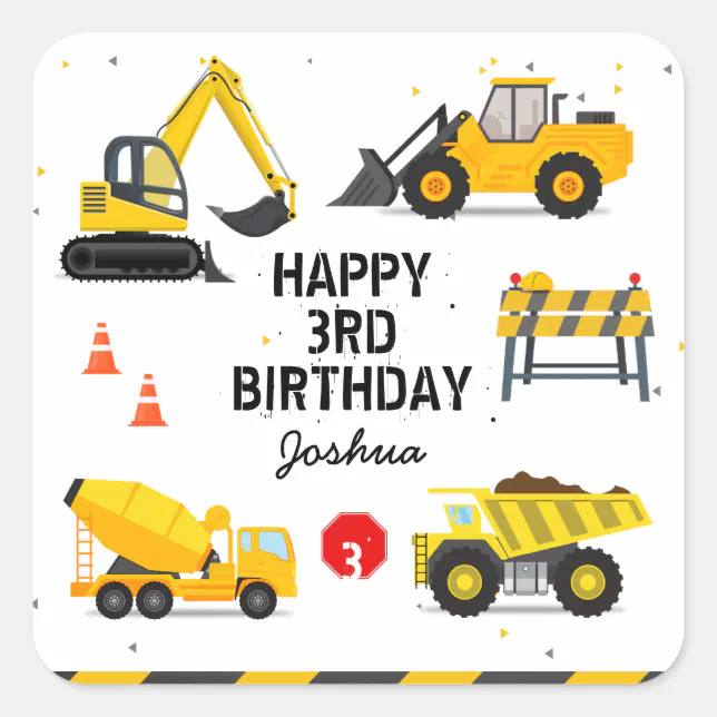 Construction Kids Any Age Birthday Party Square Sticker | Zazzle