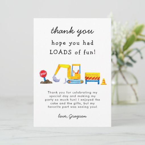 Construction Loads Of Fun Birthday Thank You Card Zazzle