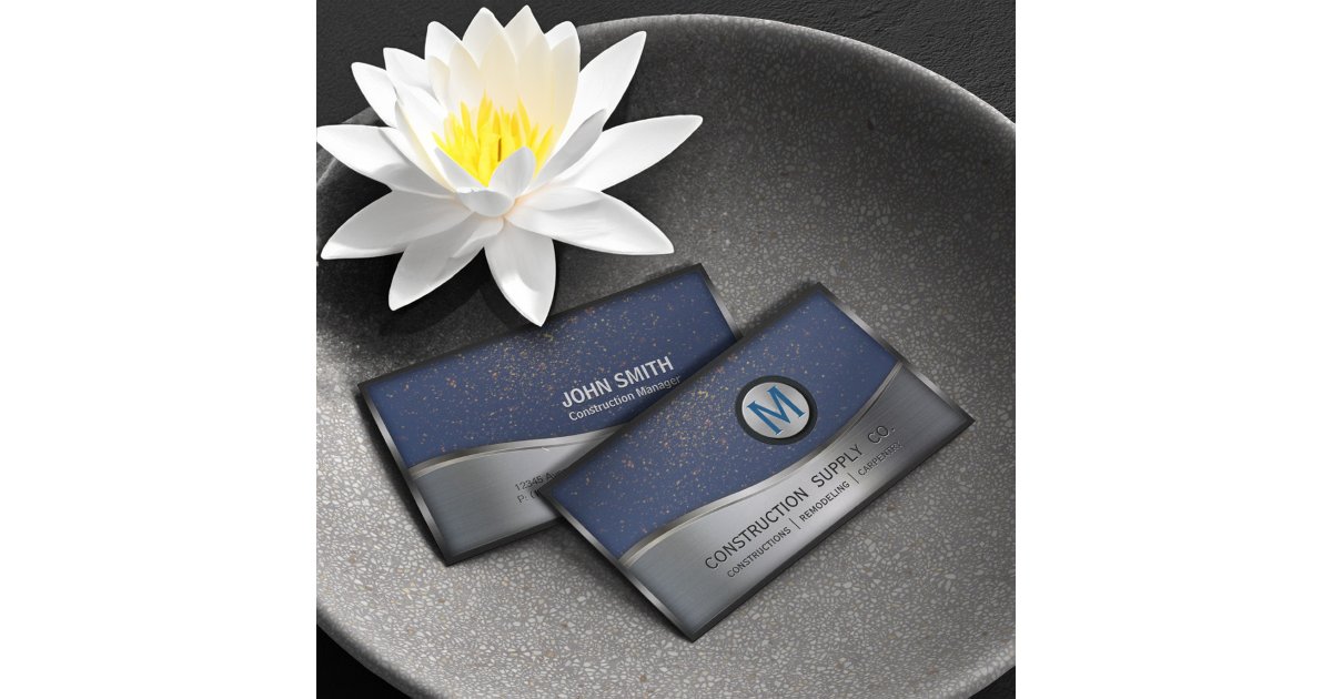 Construction Monogram LOGO Silver Metal Blue Business Card | Zazzle