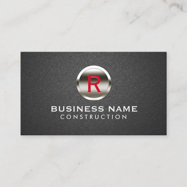 Construction Monogram Modern Black Leather Business Card | Zazzle