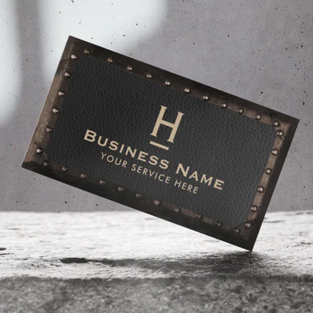 Construction Monogram Vintage Leather & Metal Business Card | Zazzle