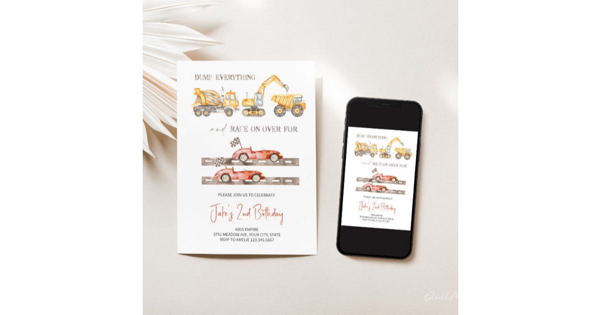 Construction Race Cars Joint Theme Invitation | Zazzle