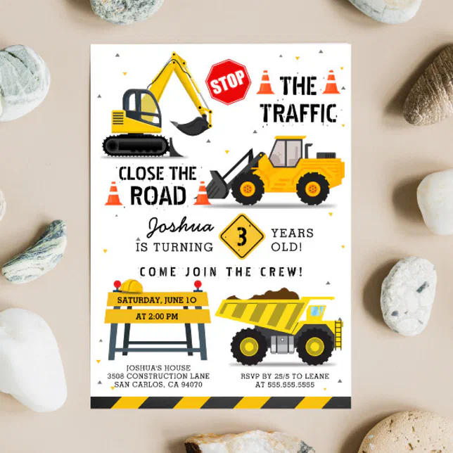 Construction Theme Dump Truck Kids Birthday Party Invitation | Zazzle