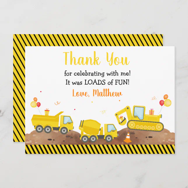 Construction Truck Loads Of Fun Birthday Thank You Zazzle