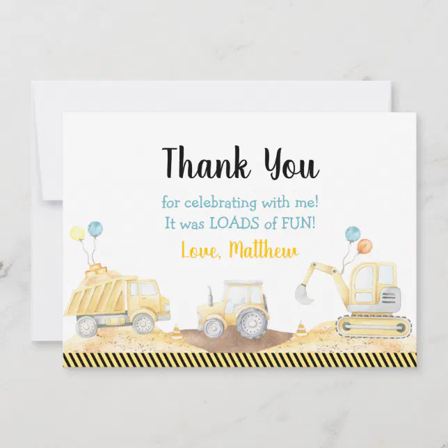 Construction Truck Loads Of Fun Birthday Thank You Card Zazzle