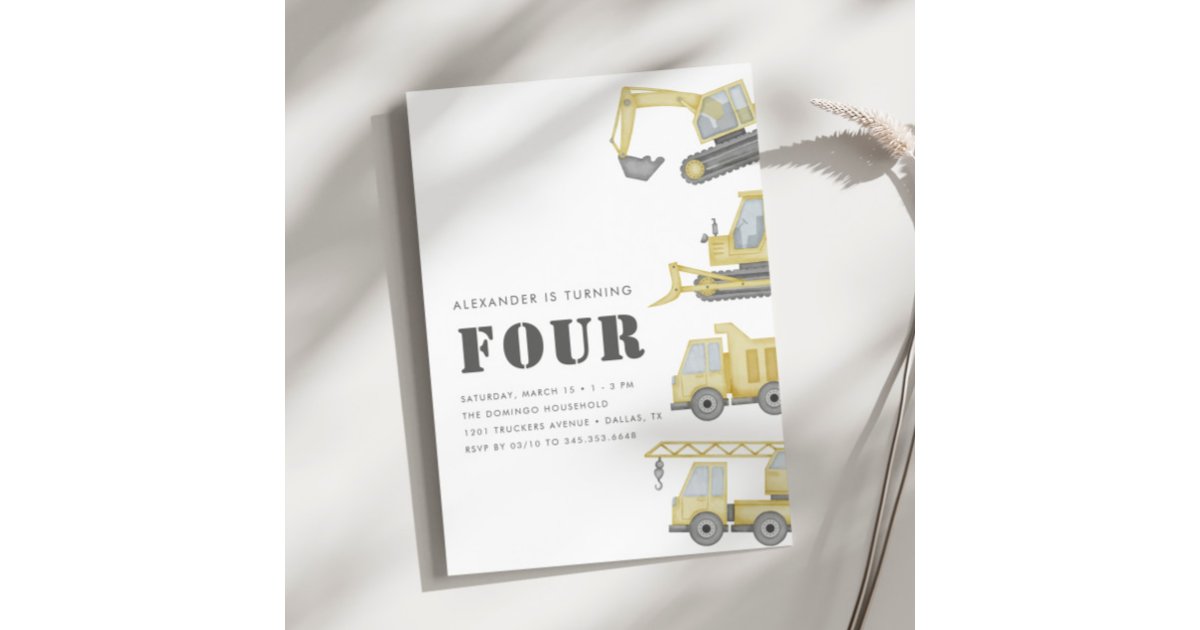 Construction Truck Vehicles Boys 4th Birthday Invitation | Zazzle