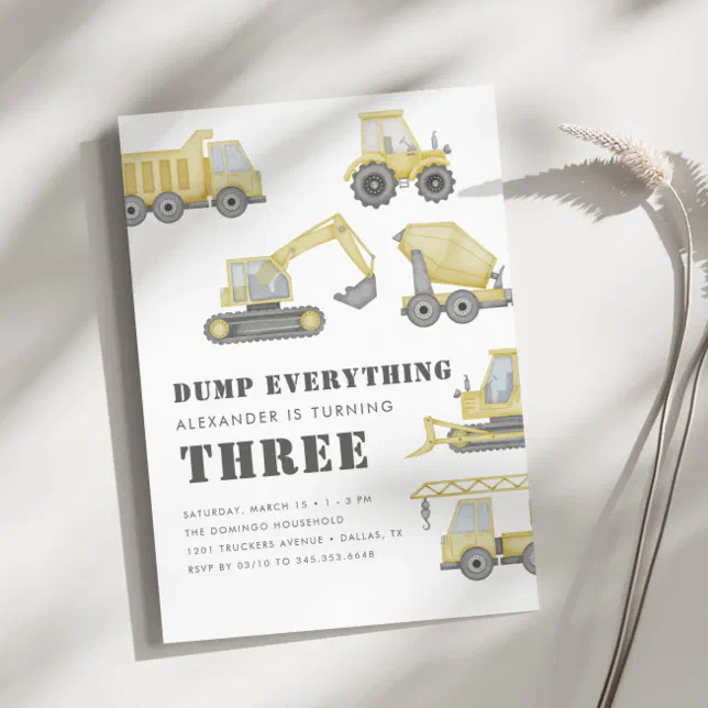 Construction Truck Vehicles Boys Birthday Party Invitation | Zazzle