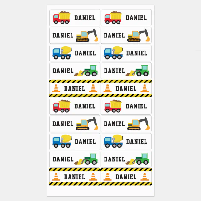 Construction Trucks and Vehicles Personalized Kids' Labels | Zazzle