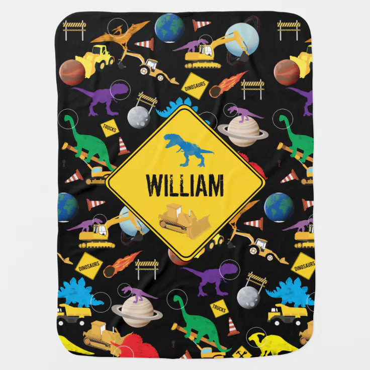 Construction Trucks Astronaut Dinosaurs in Space Baby Blanket | Zazzle