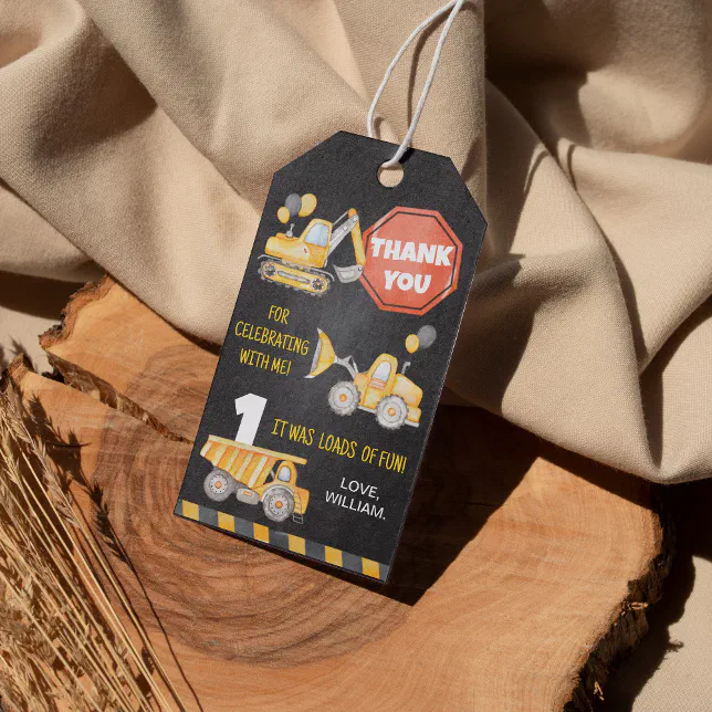 Construction Trucks Birthday Thank You Tag | Zazzle