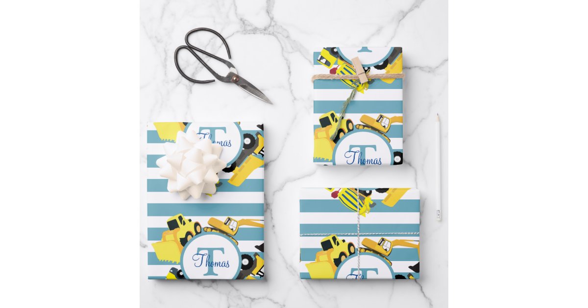Construction Trucks Blue Stripes Monogram Wrapping Paper Sheets | Zazzle