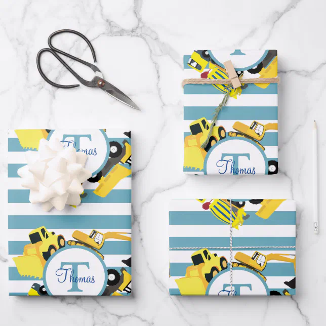 Construction Trucks Blue Stripes Monogram Wrapping Paper Sheets | Zazzle