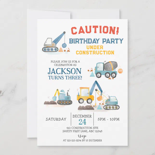 Construction Trucks, Boy 3rd Birthday Party Invitation | Zazzle