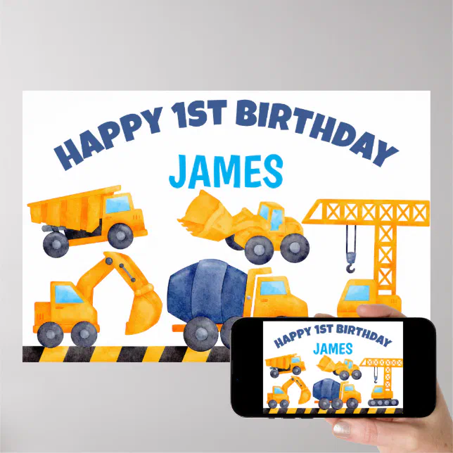 Construction trucks boys birthday party banner poster | Zazzle